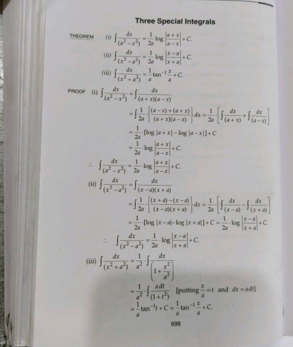 Three Special Integrals THEOREM (i) ∫(a2−x2)dx =2a1 log∣∣ a−xa+x ∣∣ +C.