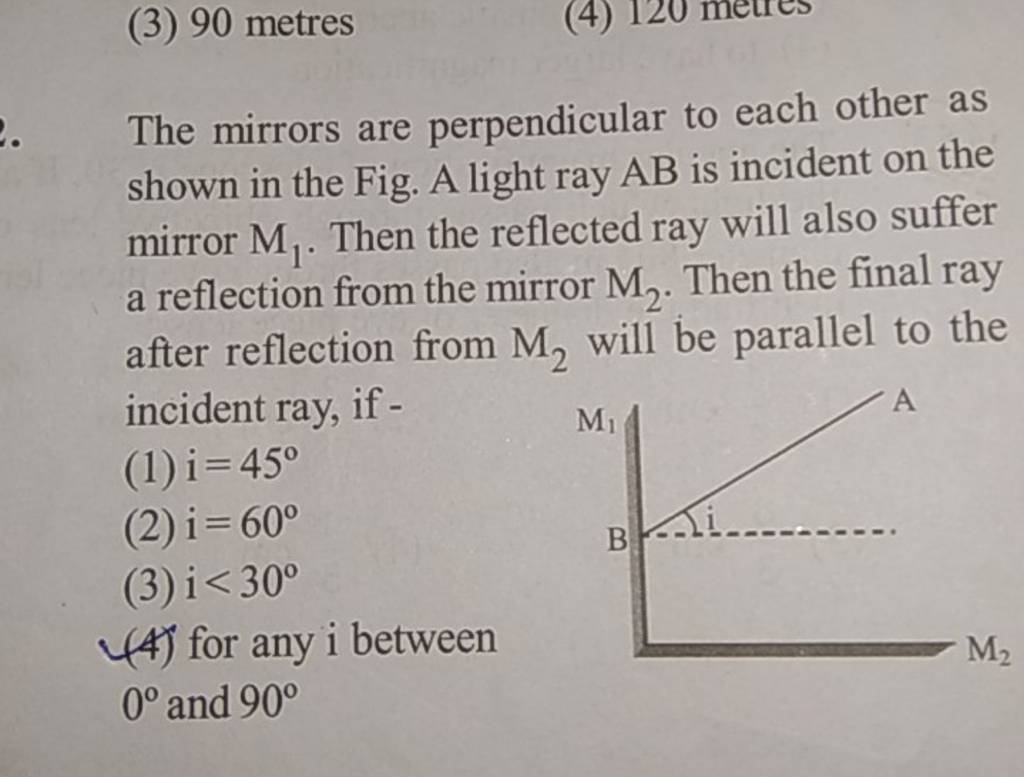 The mirrors are perpendicular to each other as shown in the Fig. A light