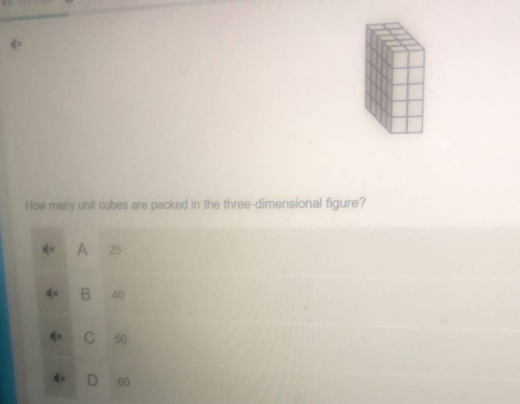 How many unit cubes are packed in the three-dimensional figure? 4x A 25 4..
