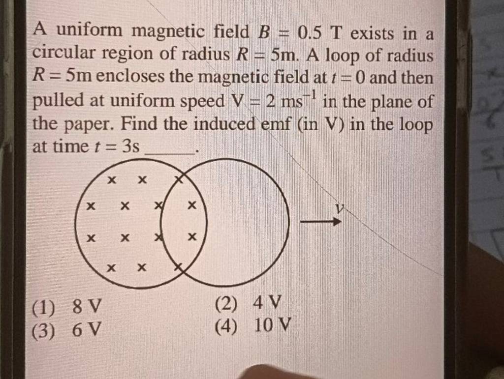 A uniform magnetic field B=0.5 T exists in a circular region of radius R=..