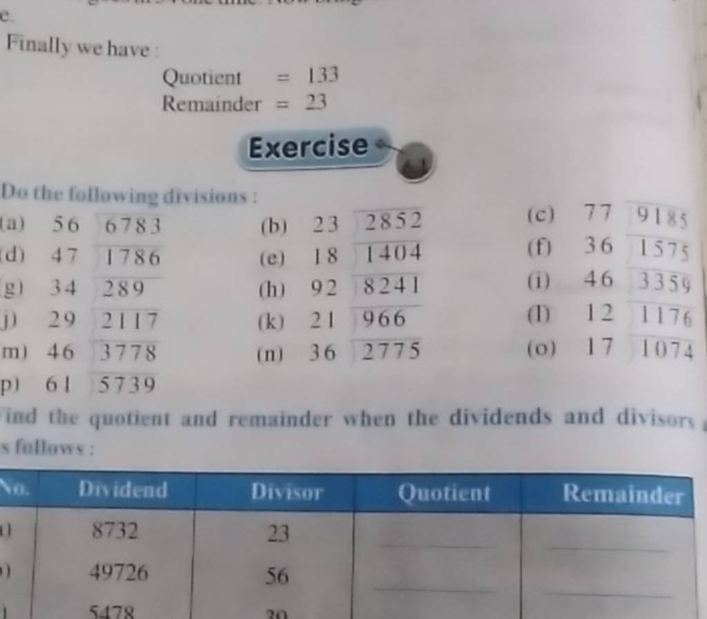 Finally we have : Quotient =133 Remainder =23 Exercise Do the following..