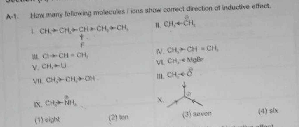 A-1. How many following molecules / ions show correct direction of induct.. A-1. How many following molecules / ions show correct direction of induct..