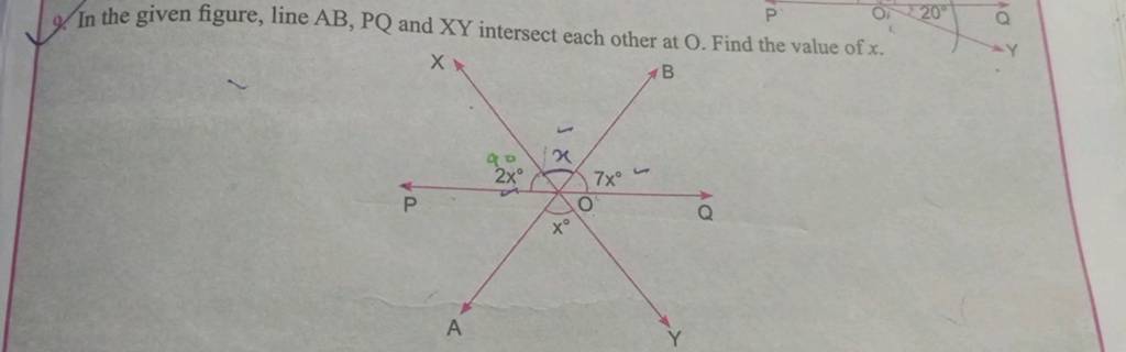 In the given figure, line AB,PQ and XY intersect each other at O. Fin..