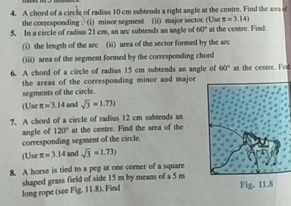 4. A chord of a circle of radius 10 cm subtends a right angle at the cent..