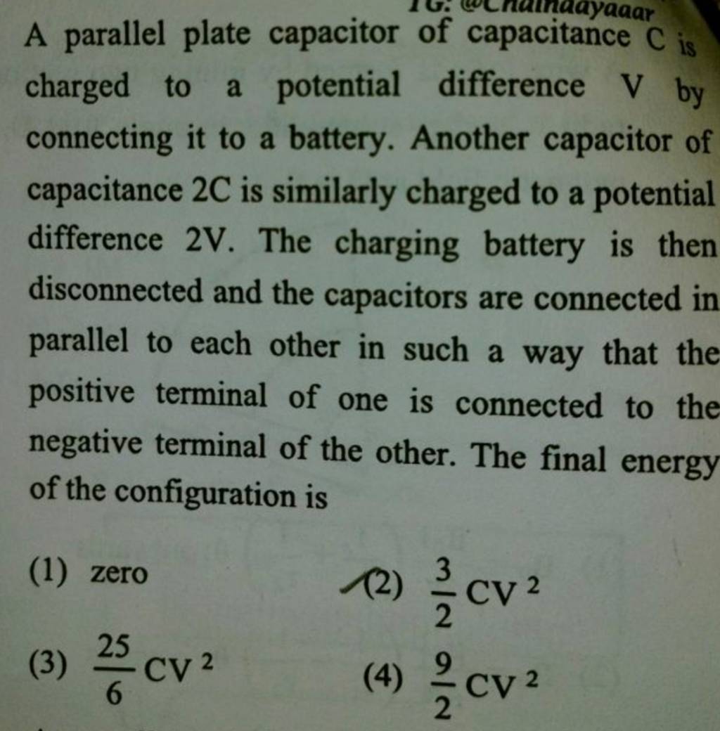 A parallel plate capacitor of capacitance C is charged to a potential dif..