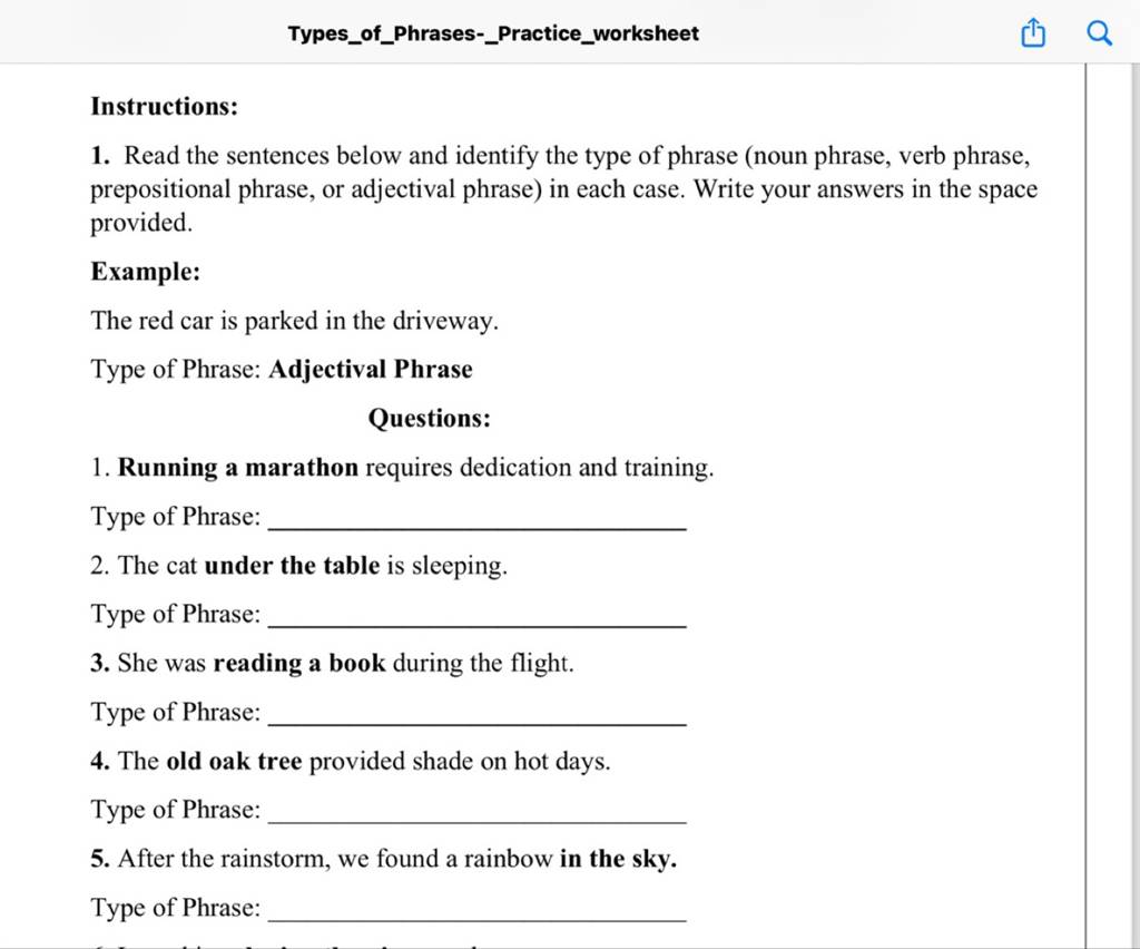 Types of Phrases Practice worksheet Instructions 1 Read The Sentences Types of Phrases Practice worksheet Instructions 1 Read The Sentences