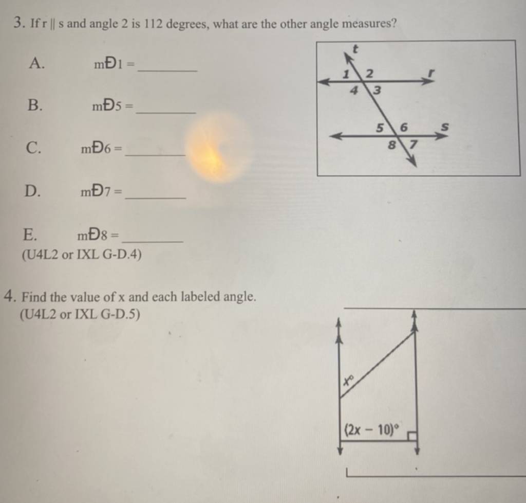 If r∥s and angle 2 is 112 degrees, what are the other angle measures?..