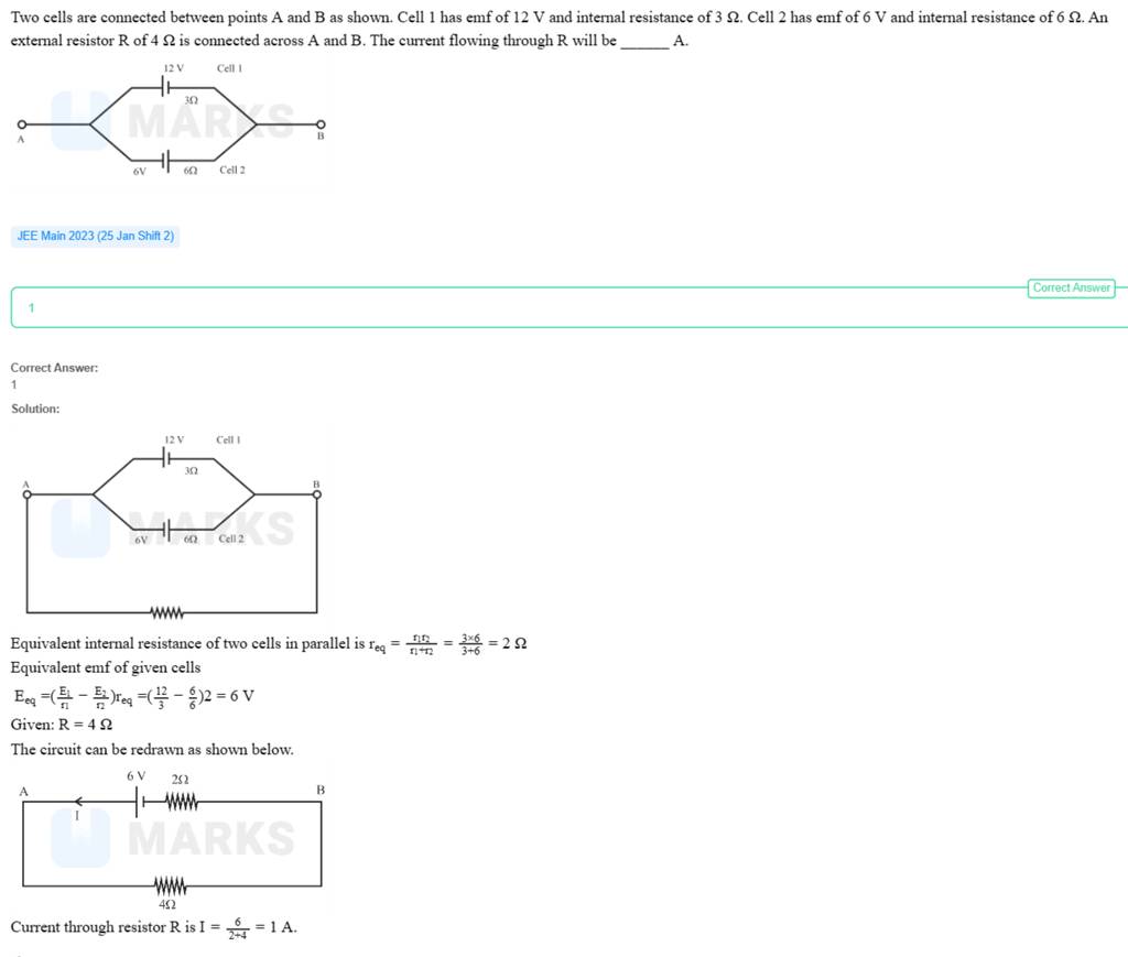 Two cells are connected between points A and B as shown. Cell 1 has emf o..