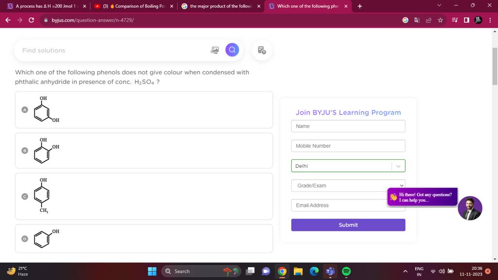 A process has ΔH=200Jmol1 (B) Comparison of Boiling Po0 the major produc..