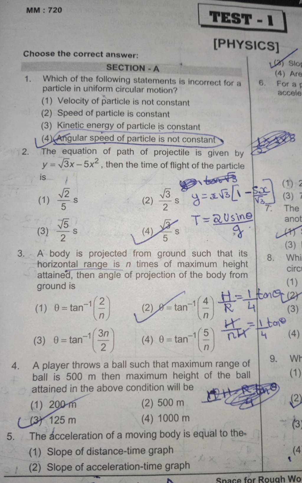 The equation of path of projectile is given by y=3 x−5x2, then the time o..