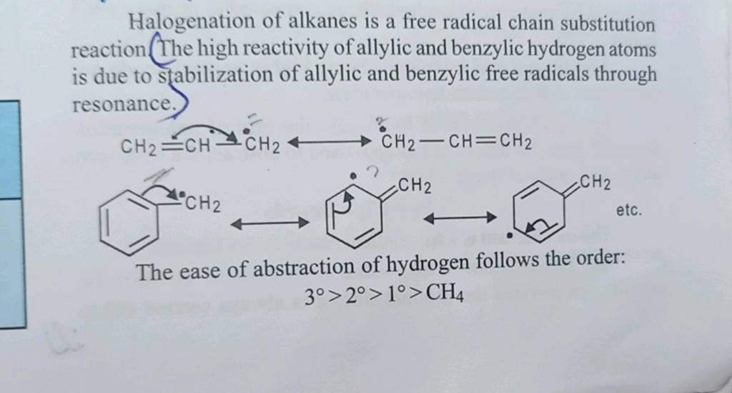 Halogenation of alkanes is a free radical chain substitution reaction (Th..