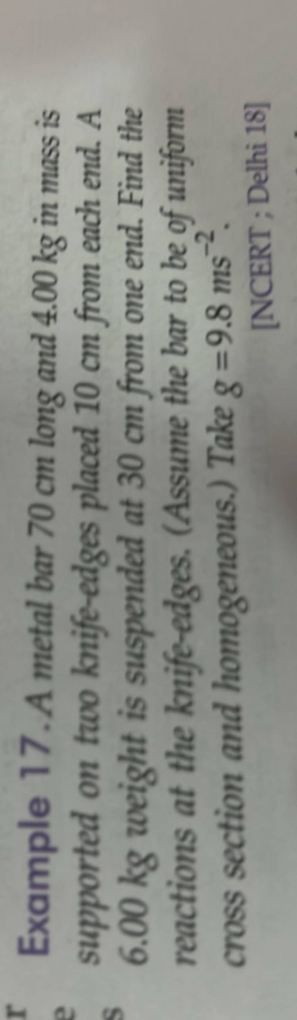 Example 17. A metal bar 70 cm long and 4.00 kg in mass is supported on tw..