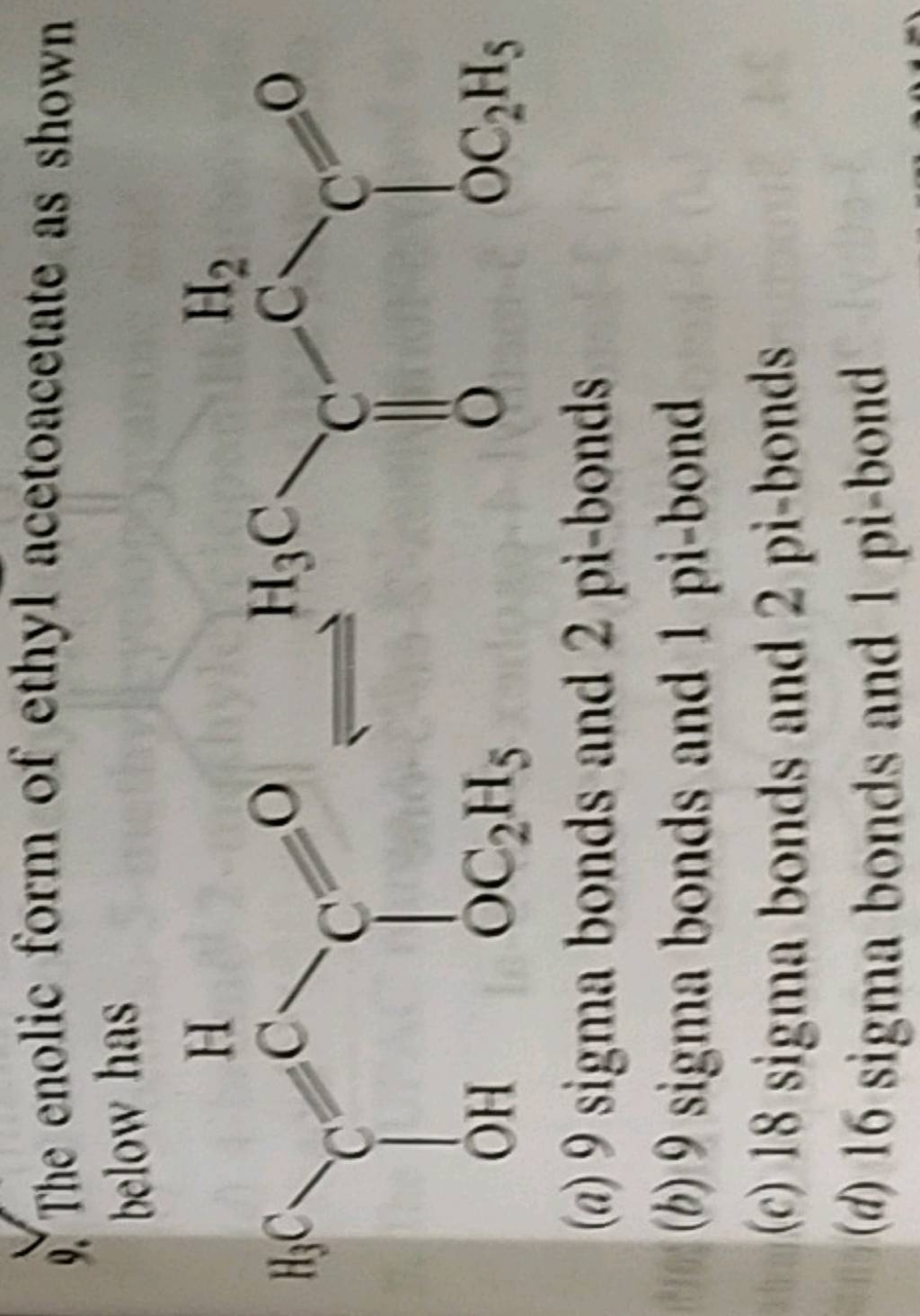 The enolic form of ethyl acetoacetate as shown below has CCOC(=O)CC(C)=O..