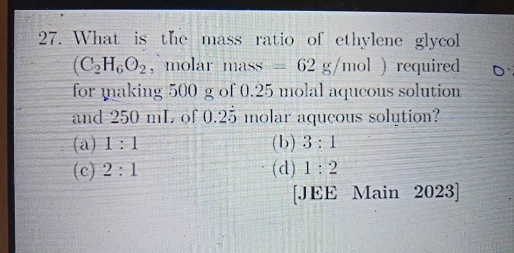 What is the mass ratio of ethylene glycol (C2 H6 O2 , molar mass =62 g/mo..
