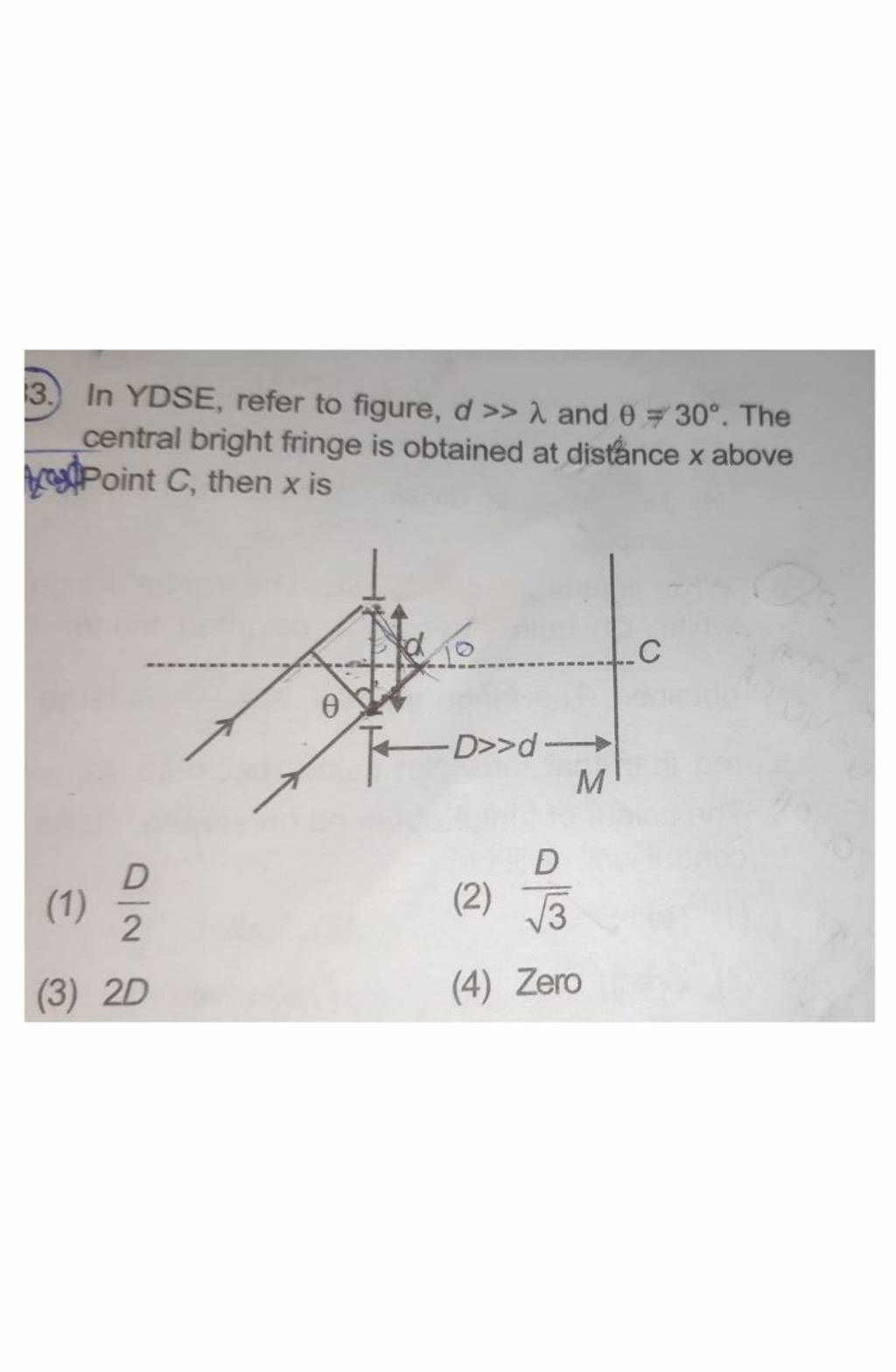 In YDSE, refer to figure, d≫>λ and θ=30∘. The central bright fringe is ob..