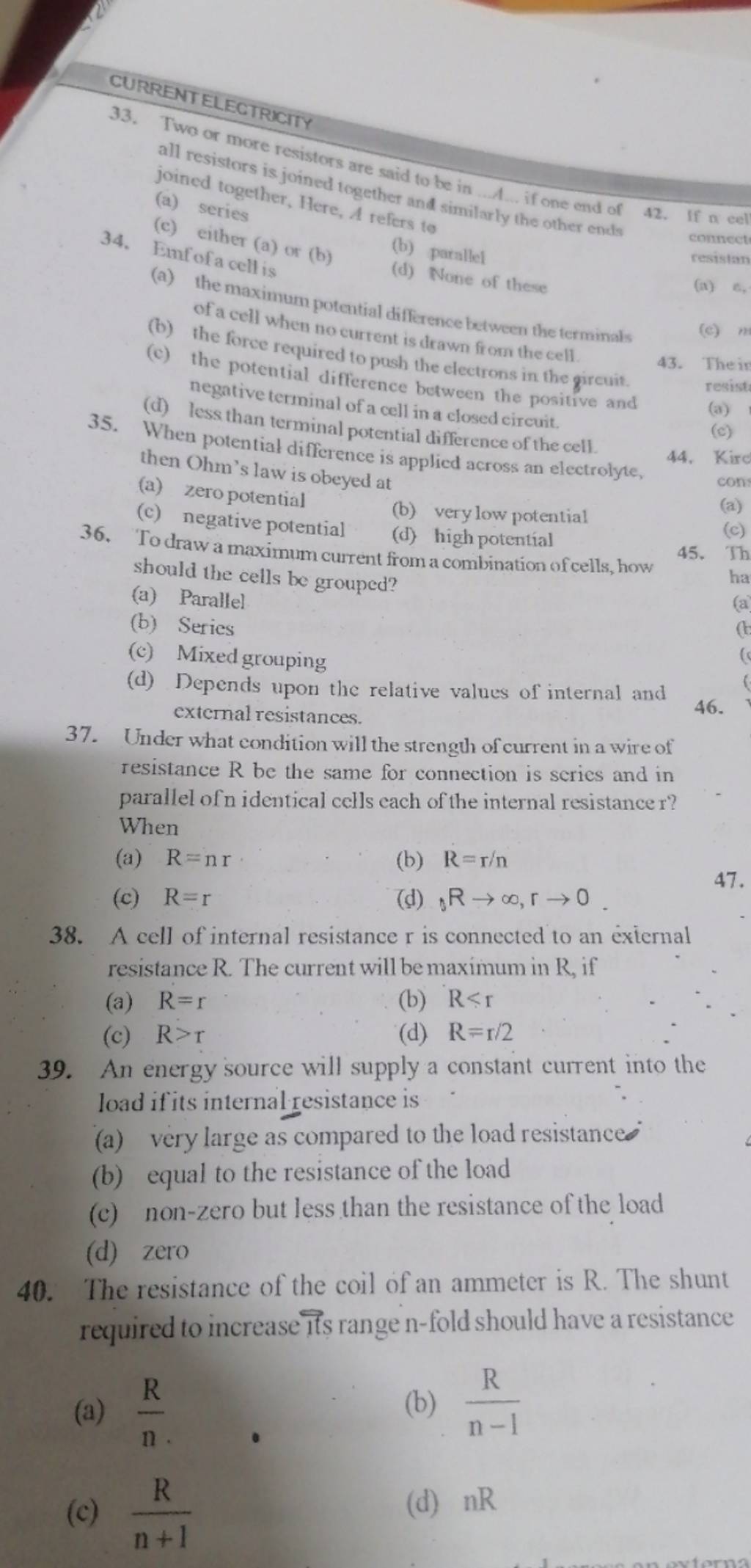 To draw a maximum current from a combination of cells, how should the cel..