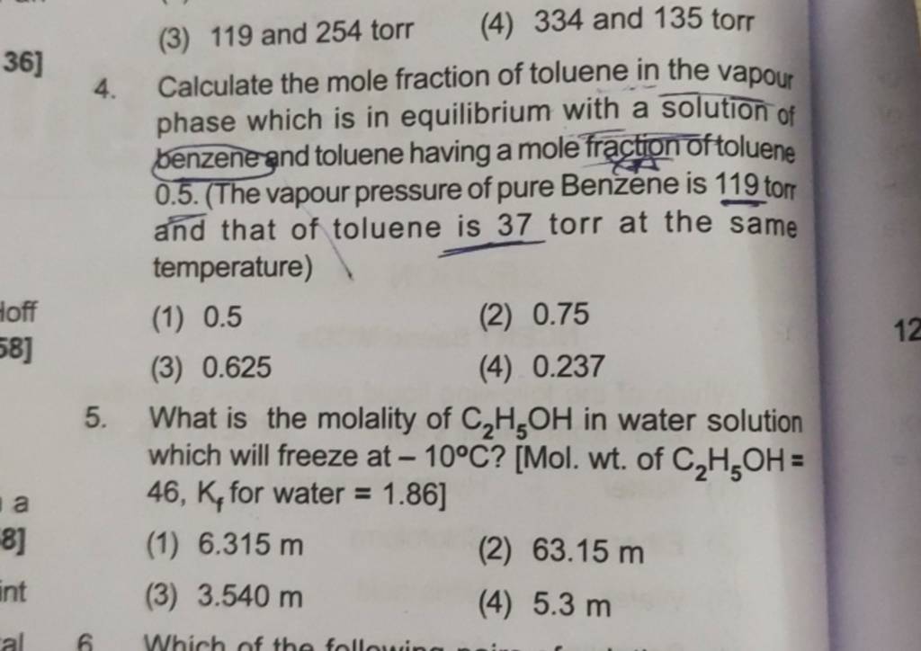 Calculate the mole fraction of toluene in the vapour phase which is in eq..