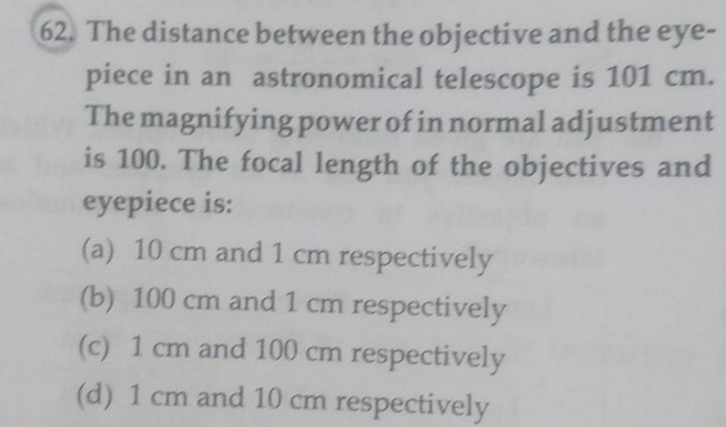 The distance between the objective and the eyepiece in an astronomical te..