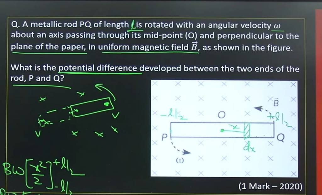 Q. A metallic rod PQ of length lis rotated with an angular velocity ω abo..