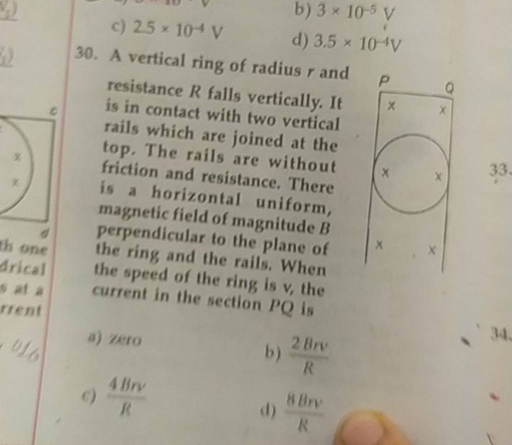 A vertical ring of radius r and resistance R falls vertically. It is in c..