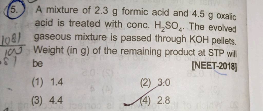 A mixture of 2.3 g formic acid and 4.5 g oxalic acid is treated with conc.. A mixture of 2.3 g formic acid and 4.5 g oxalic acid is treated with conc..