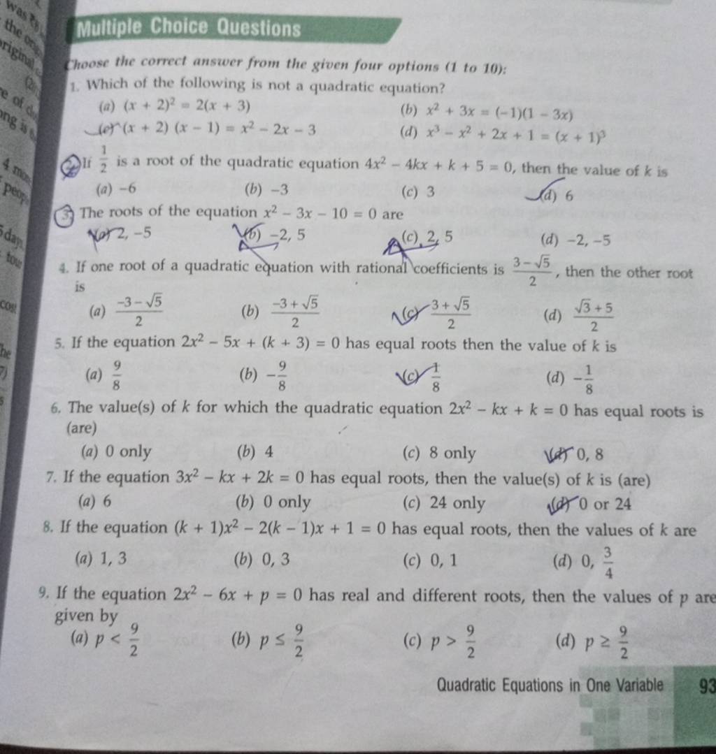 If 21 Is A Root Of The Quadratic Equation 4x2−4kx K 5 0 Then The Value