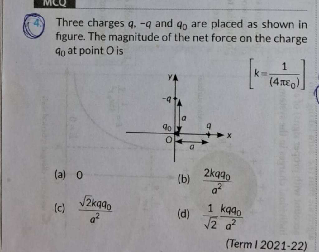 Three charges q,−q and q0 are placed as shown in figure. The magnitude o..