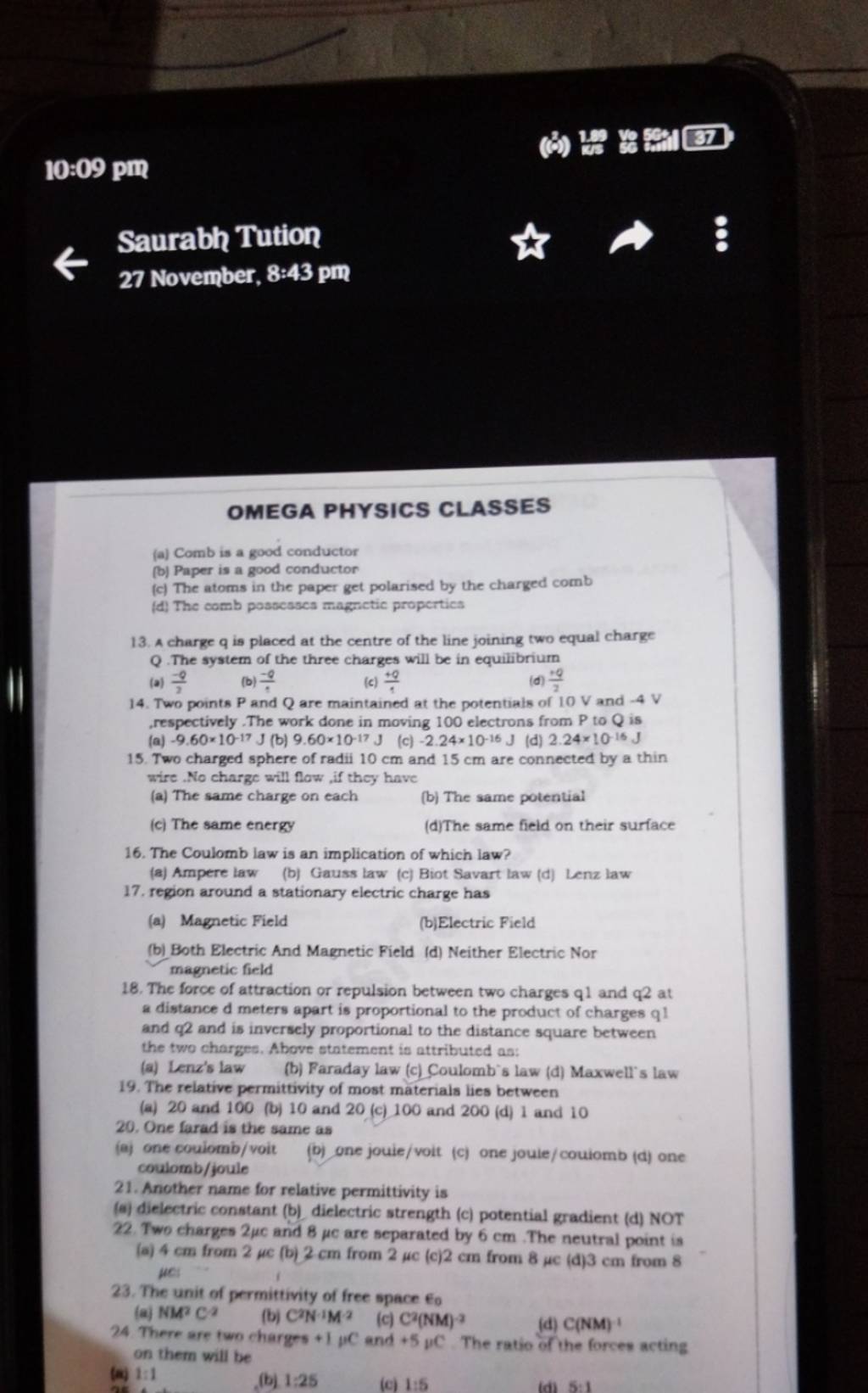 A charge q is placed at the centre of the line joining two equal charge Q..