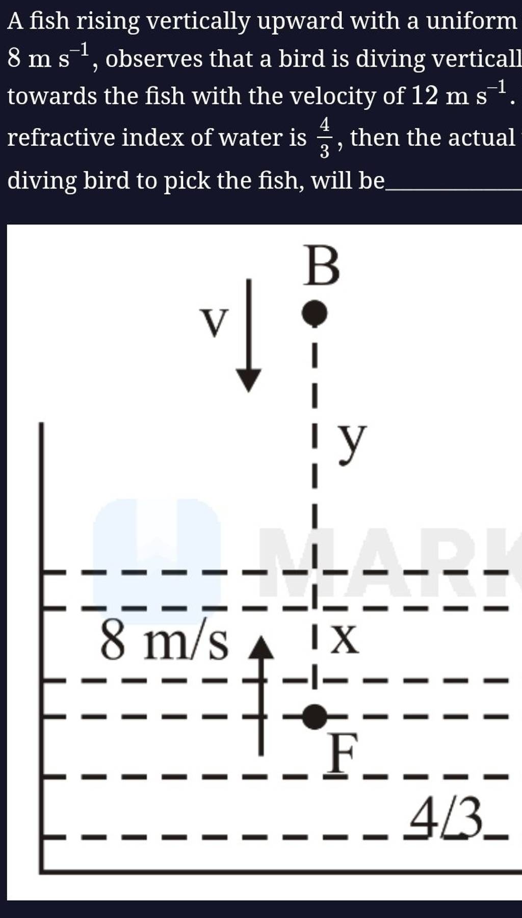 A fish rising vertically upward with a uniform 8 m s−1, observes that a b..