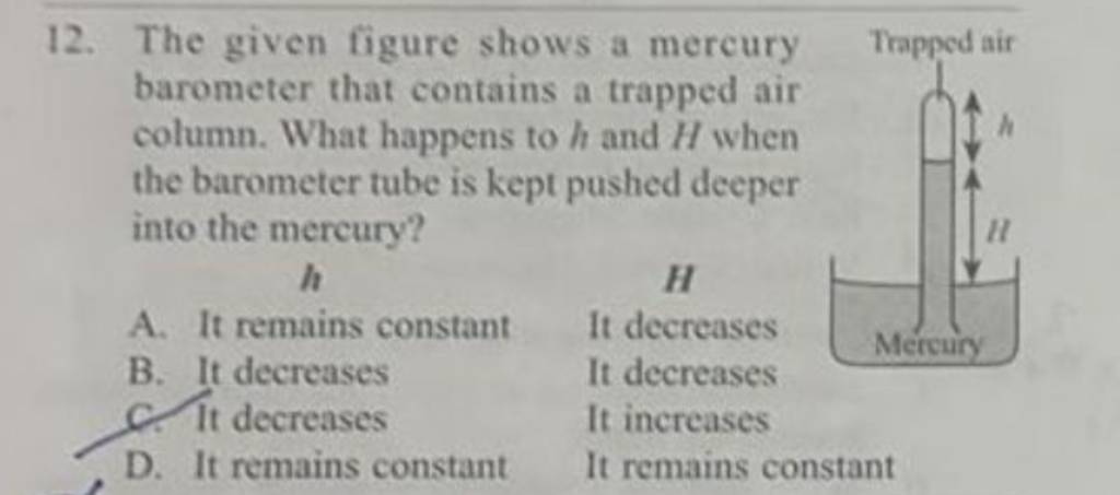The given figure shows a mercury barometer that contains a trapped air co..