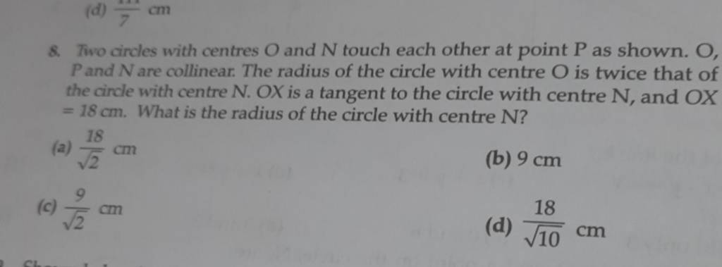 Two circles with centres O and N touch each other at point P as shown. O,..