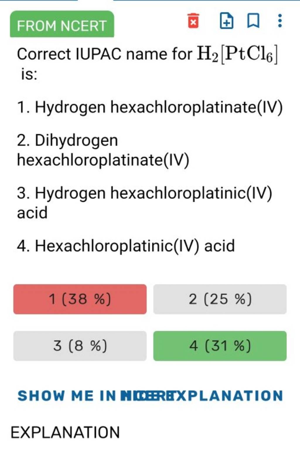 FROM NCERT x 口 : Correct IUPAC name for H2 [PtCl6 ] is: | Filo