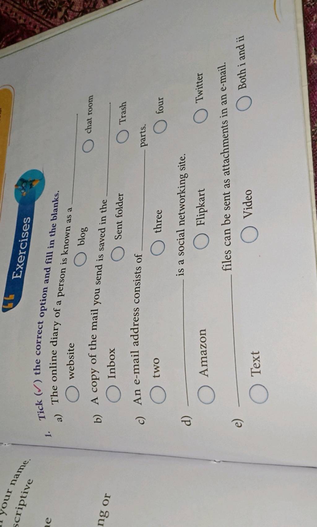 4 Exercises 1. Tick ( ) the correct option and fill in the blanks. a) The..