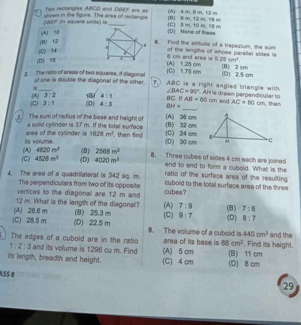 Three cubes of sides 4 cm each are joined end to end to form a cuboid. Wh..
