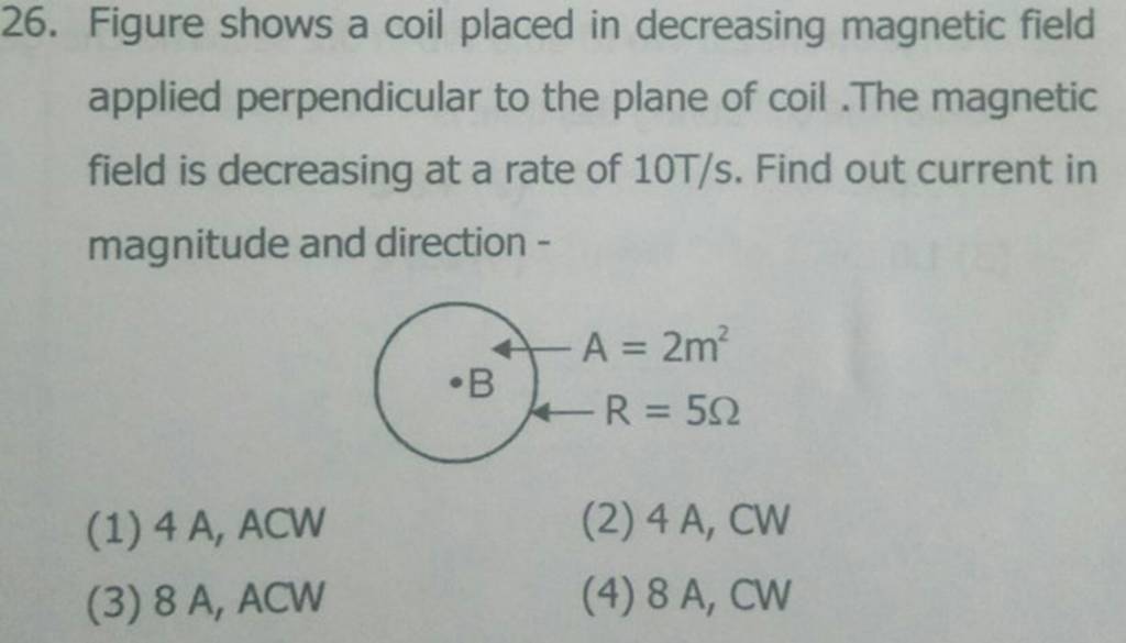 Figure shows a coil placed in decreasing magnetic field applied perpendic..