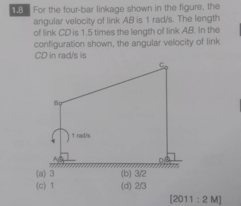 1.8 For the four-bar linkage shown in the figure, the angular velocity of.. 1.8 For the four-bar linkage shown in the figure, the angular velocity of..