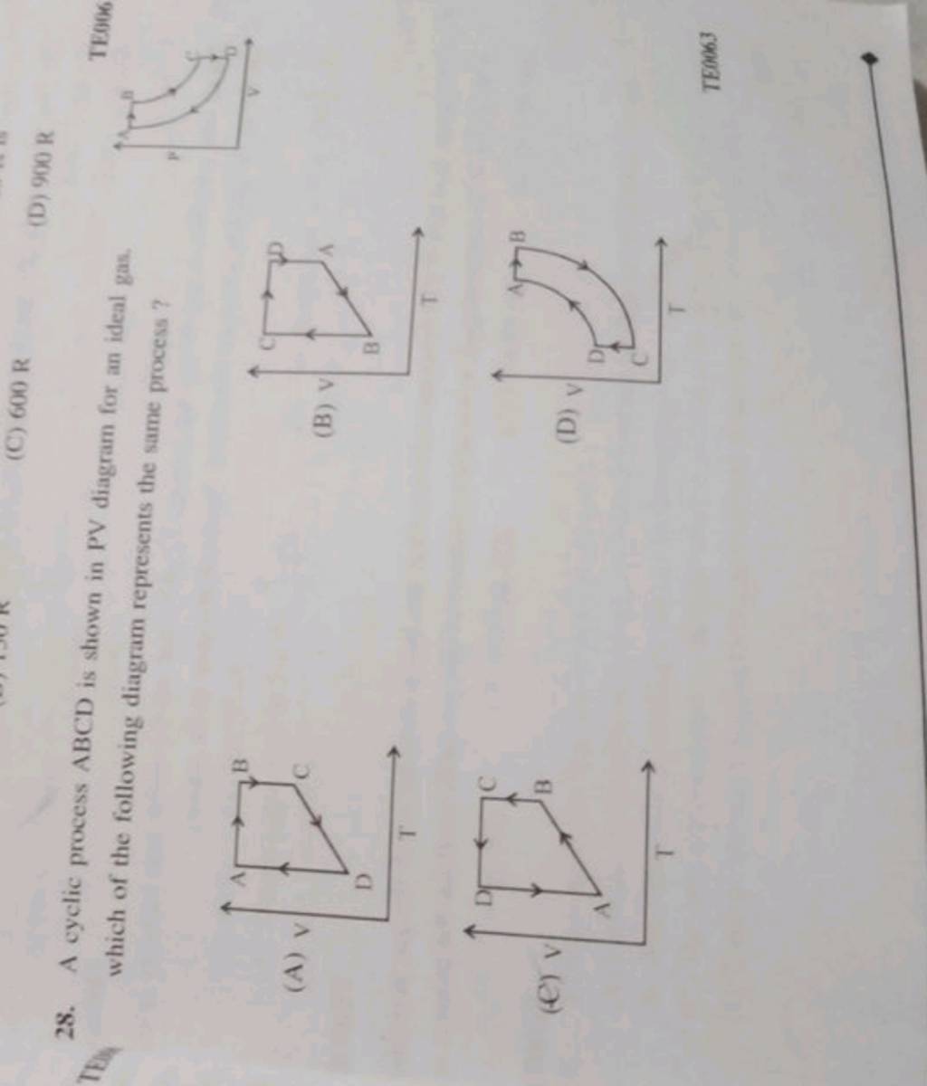 (C) 600R (D) 900R 28. A cyclic process ABCD is shown in PV diagram for an..