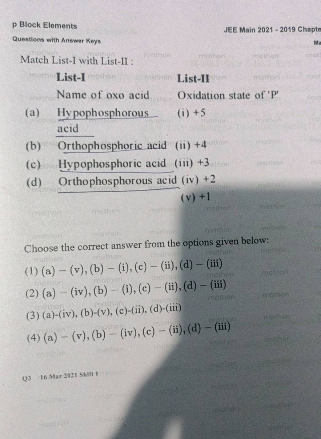 p Block Elements JEE Main 2021 - 2019 Chapte Questions with Answer Keys M..