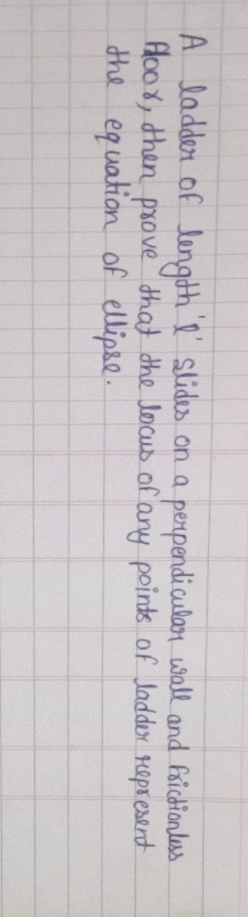A ladder of length ' l ' slides on a perpendicular wall and frictionless