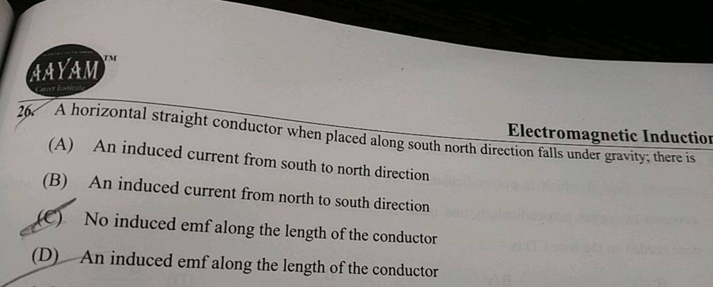 Electromagnetic Inductio 26. A horizontal straight conductor when placed