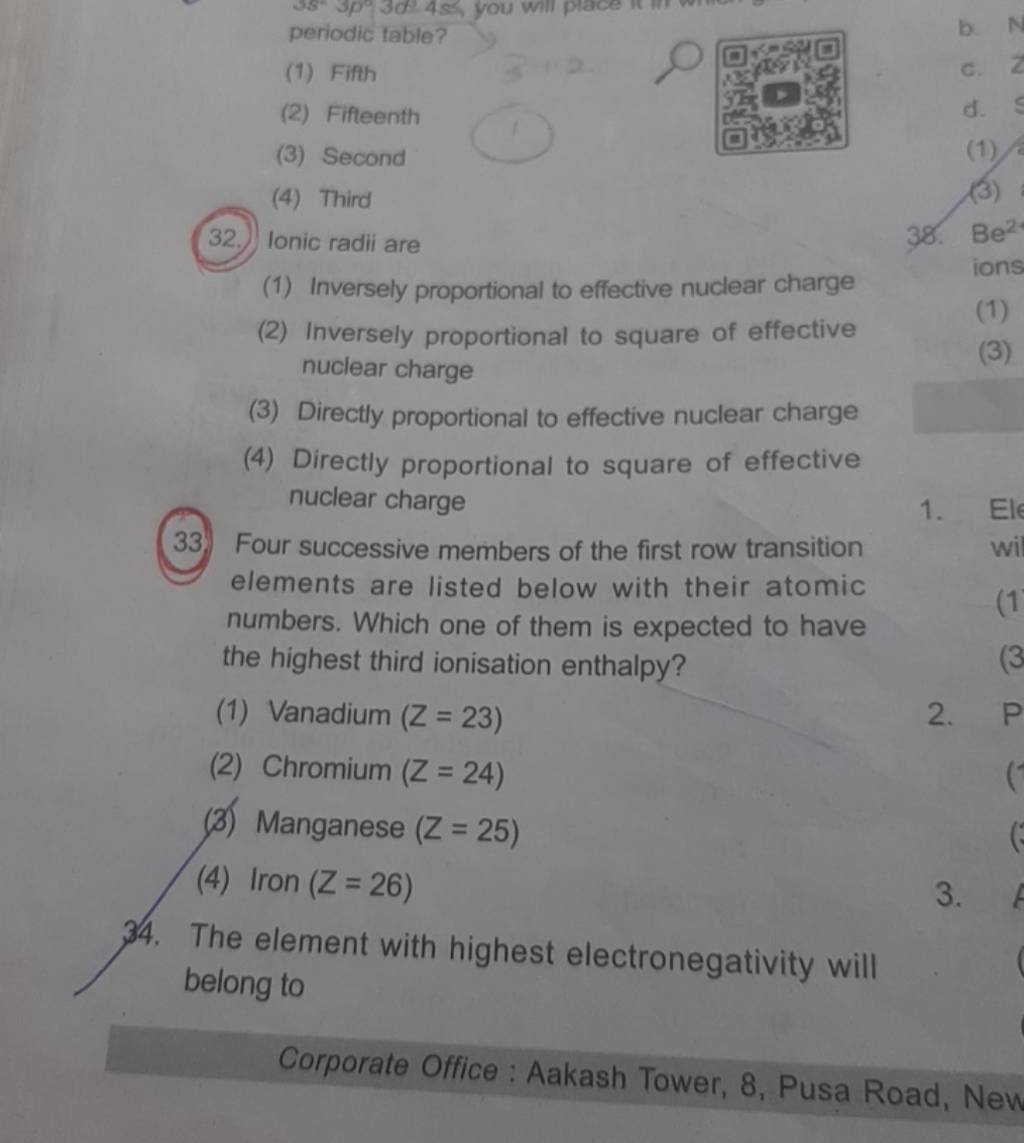 Four successive members of the first row transition elements are listed b..