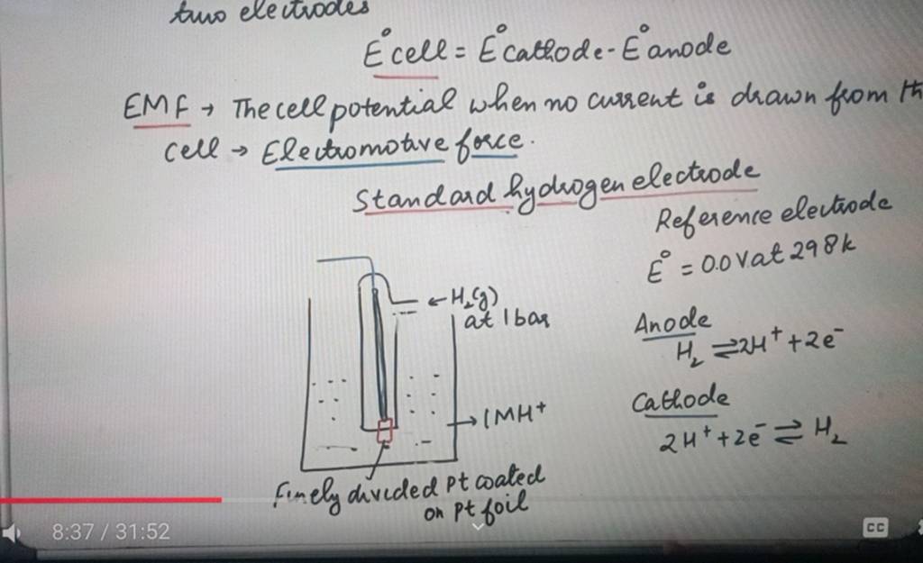 two electrodes E0 cell =E0 cathode −E∘ anode EMF→ The cell potential whe..