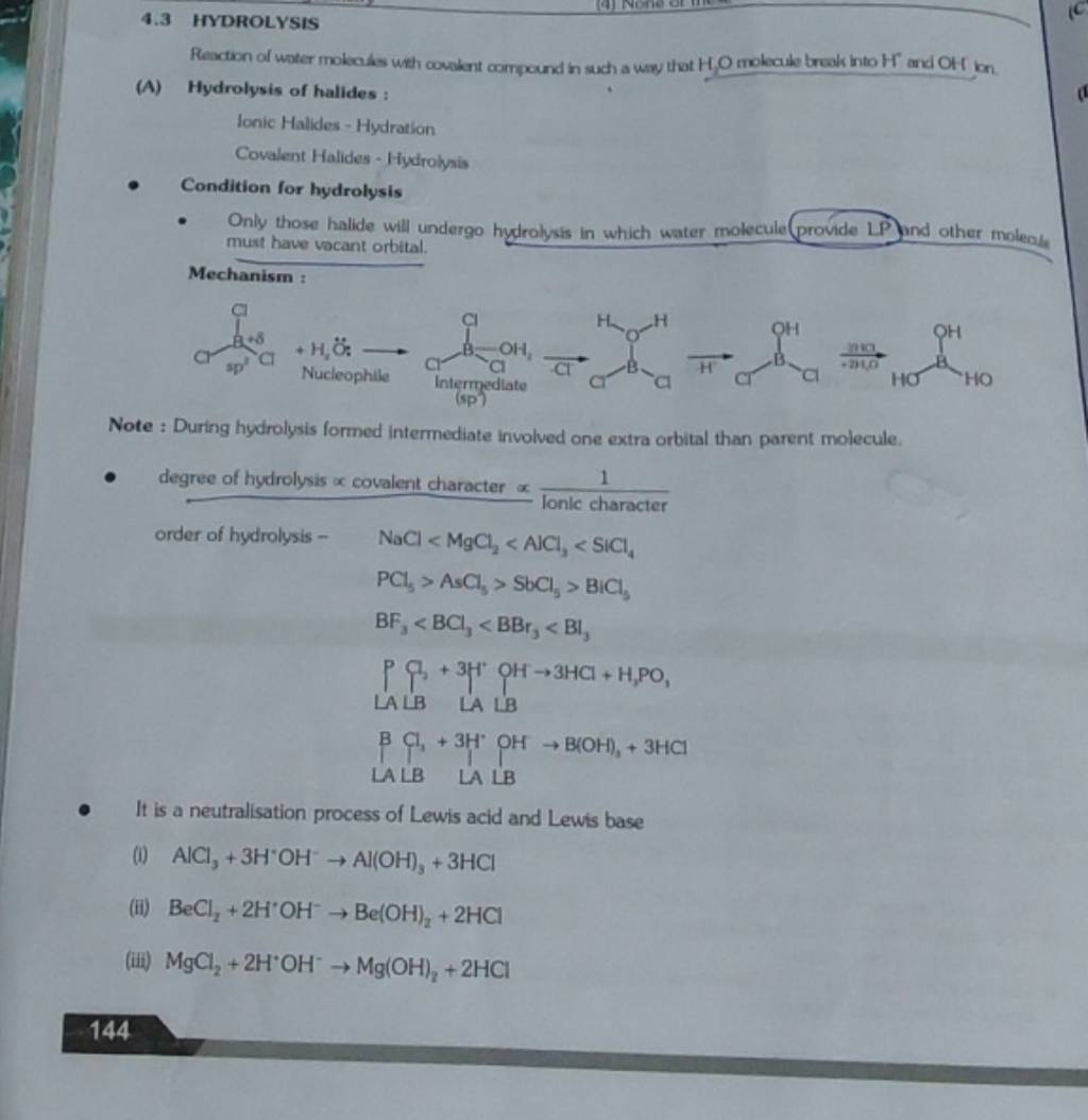 4.3 HYDROLYSIS (A) Hydrolysis of halides : Ionic Halides - Hydration Cova..