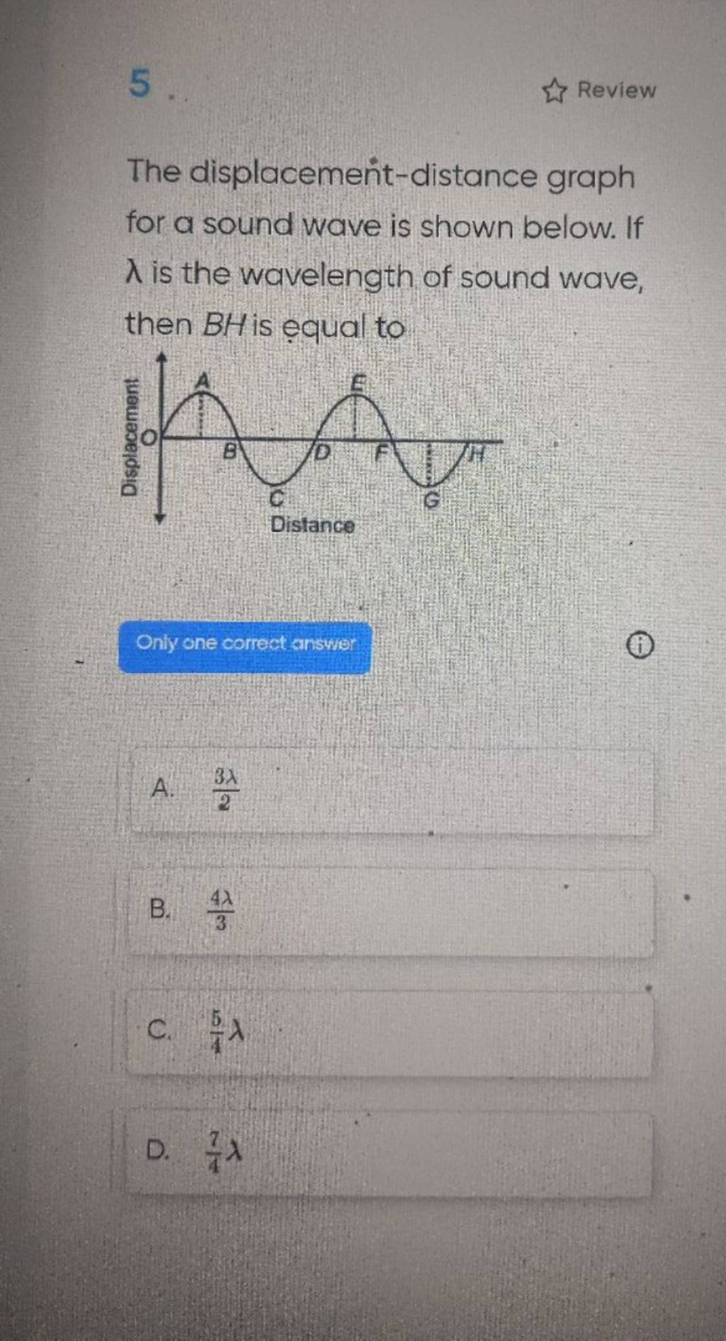 Review The displacement-distance graph for a sound wave is shown below. I..