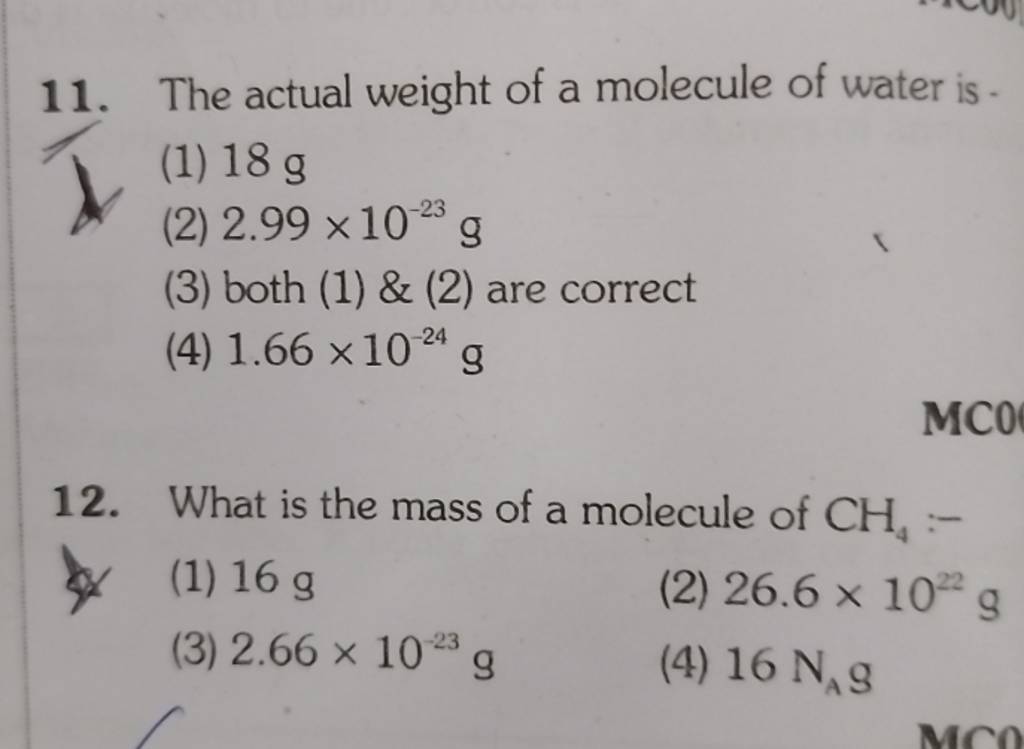 What is the mass of a molecule of CH4 :- | Filo