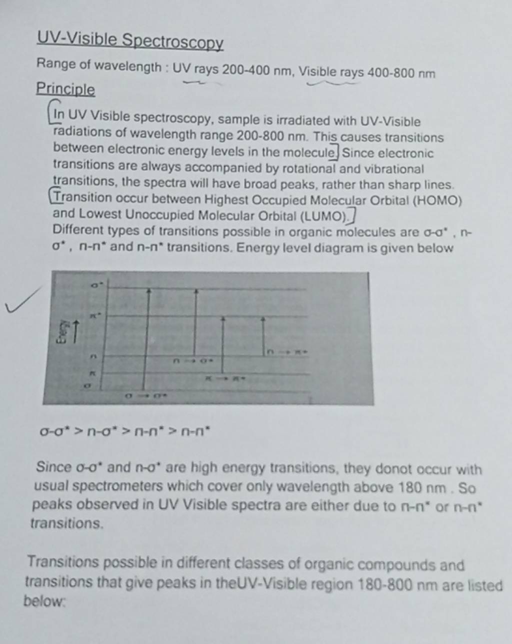 UV-Visible Spectroscopy Range of wavelength : UV rays 200−400 nm, Visible..
