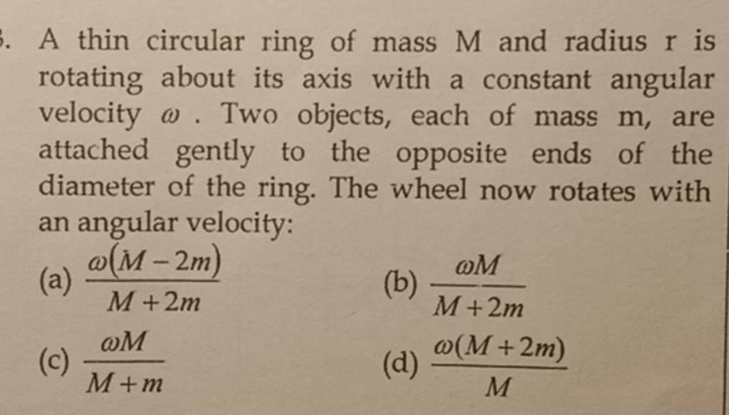 A thin circular ring of mass M and radius r is rotating about its axis wi..