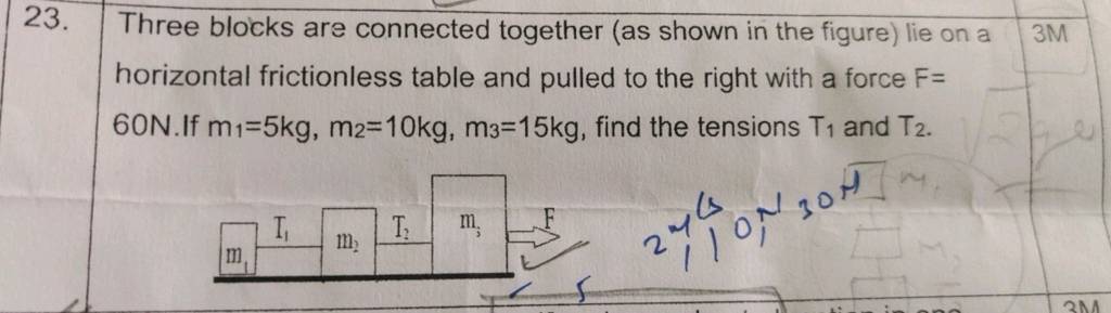 23. Three blocks are connected together (as shown in the figure) lie on a..