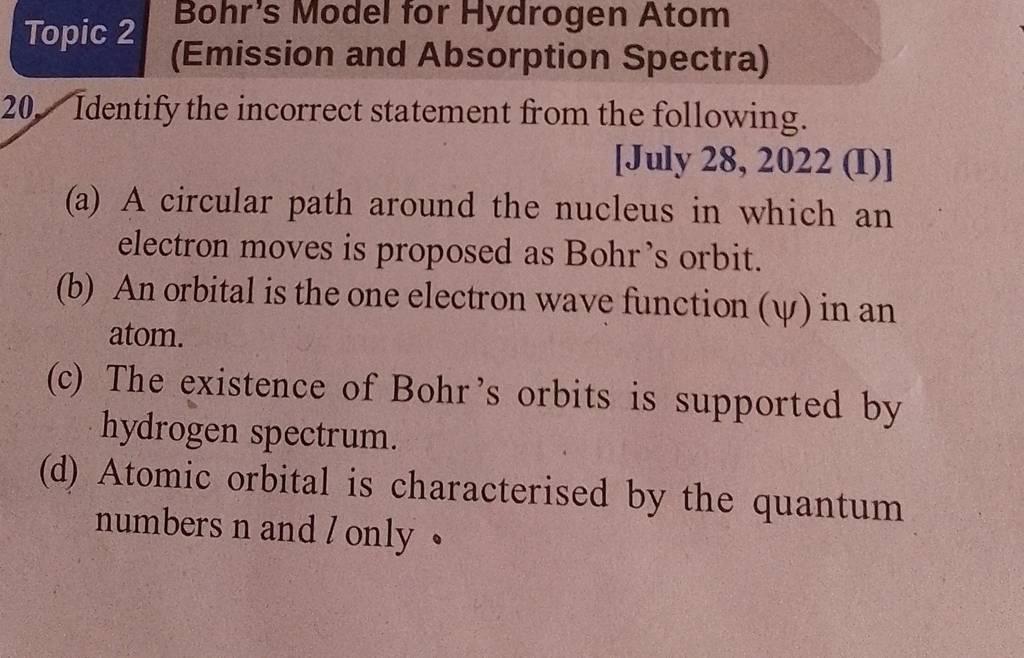Topic 2 Bohr's Model for Hydrogen Atom (Emission and Absorption Spectra)