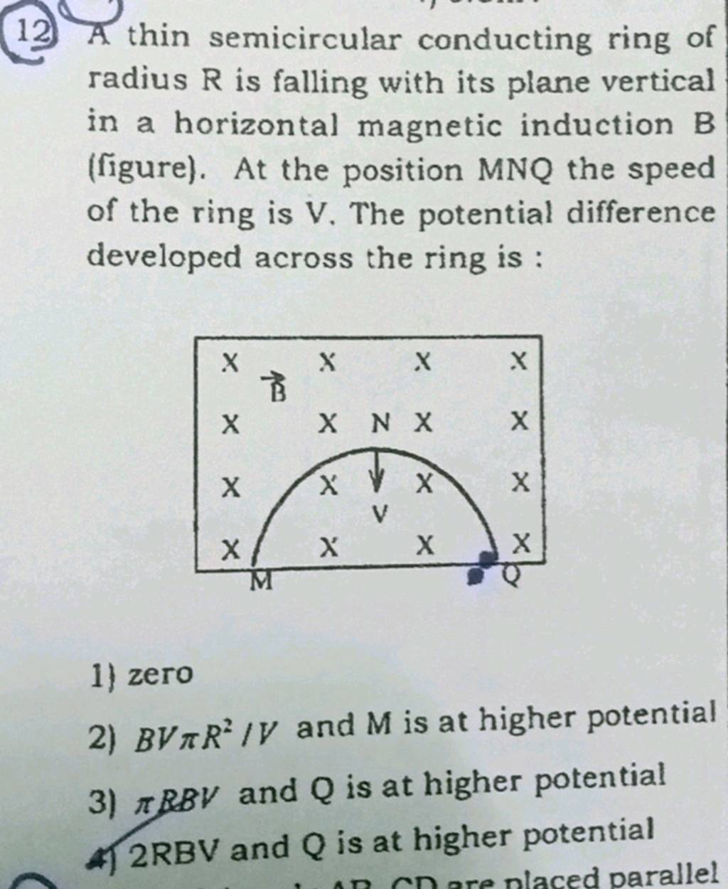 A thin semicircular conducting ring of radius R is falling with its plan..